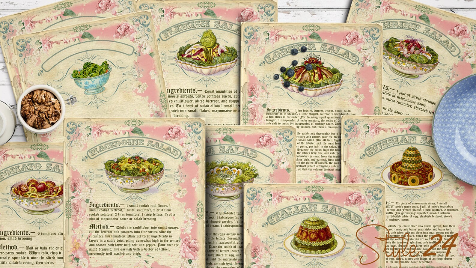 Vintage Salad Recipe Cards, Printable Ephemera Set (digital Download ...