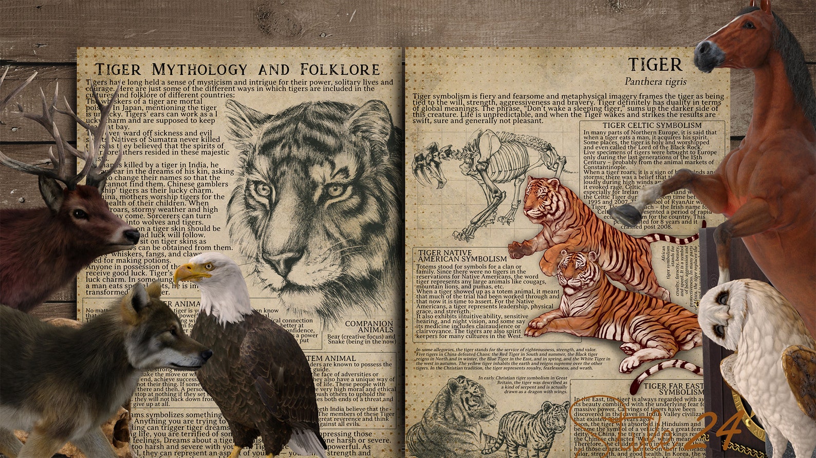 Printable Animal Symbology Art No.9: Tiger, Giraffe, Rat, Rooster ...