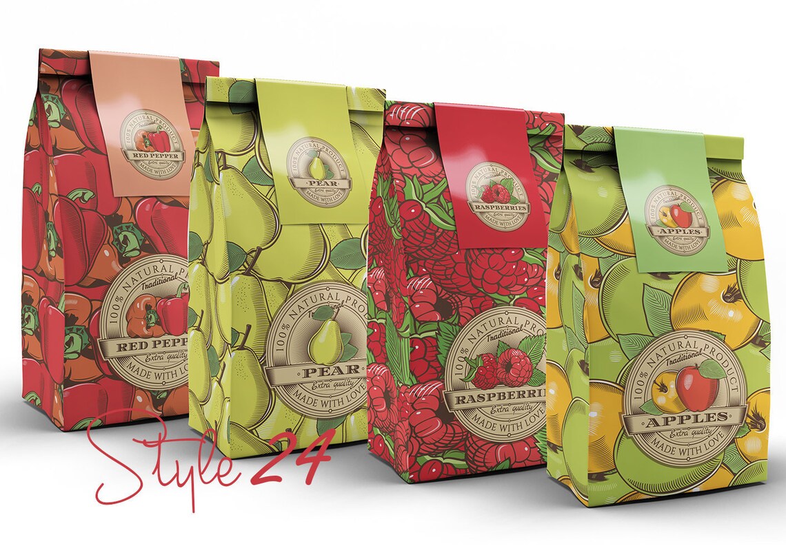 Vintage Fruits and Vegetables Printable Bag Set 2 Digital | Etsy