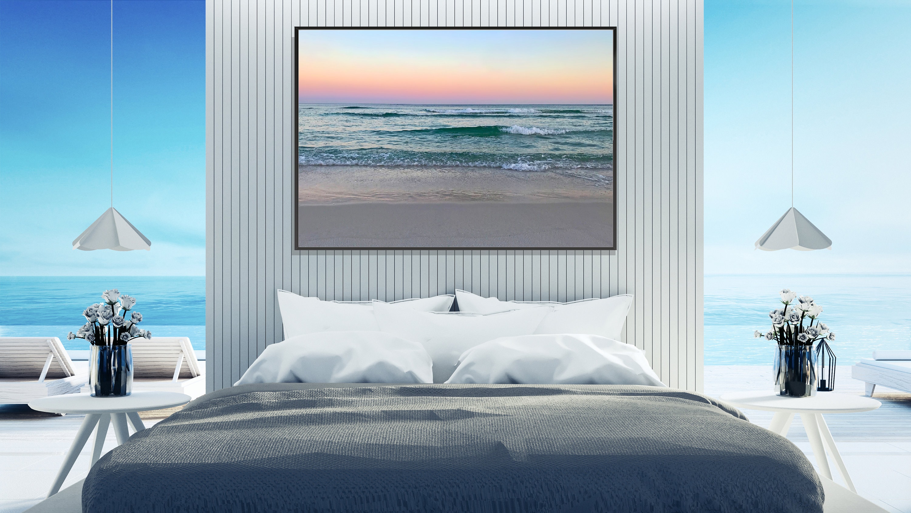 Bright Sunset Colors, Calm Ocean Small Waves, Harmony, Minimalist ...