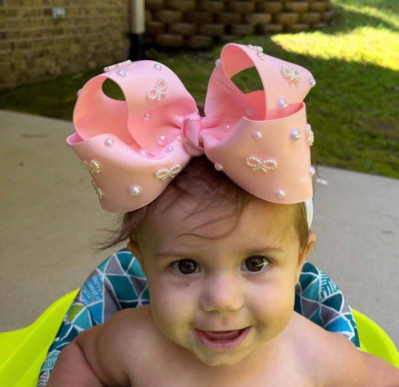 Light Pink Boutique Hair Bow With White Pearls and White Bows Onederful ...