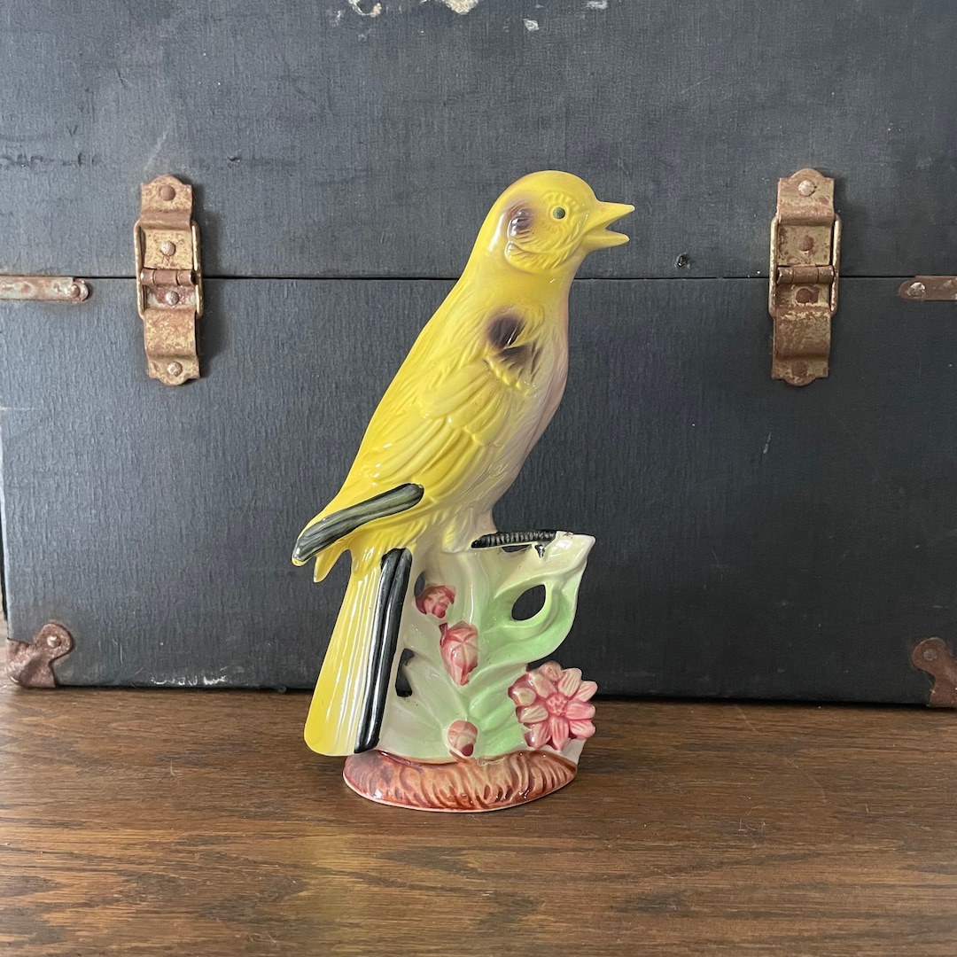 Vintage Yellow Canary Figure Ceramic Perched Large Bird Rustic Home ...