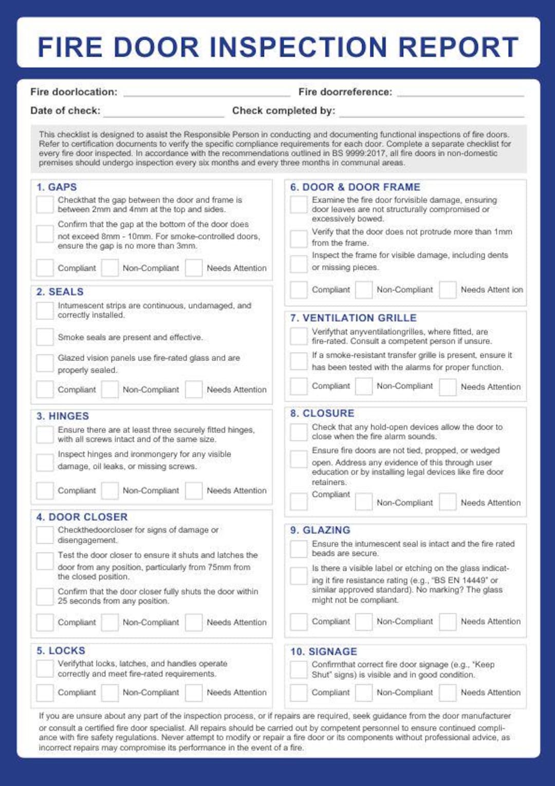 Fire Door Compliance Checklist – Inspect Your Own Doors - Etsy