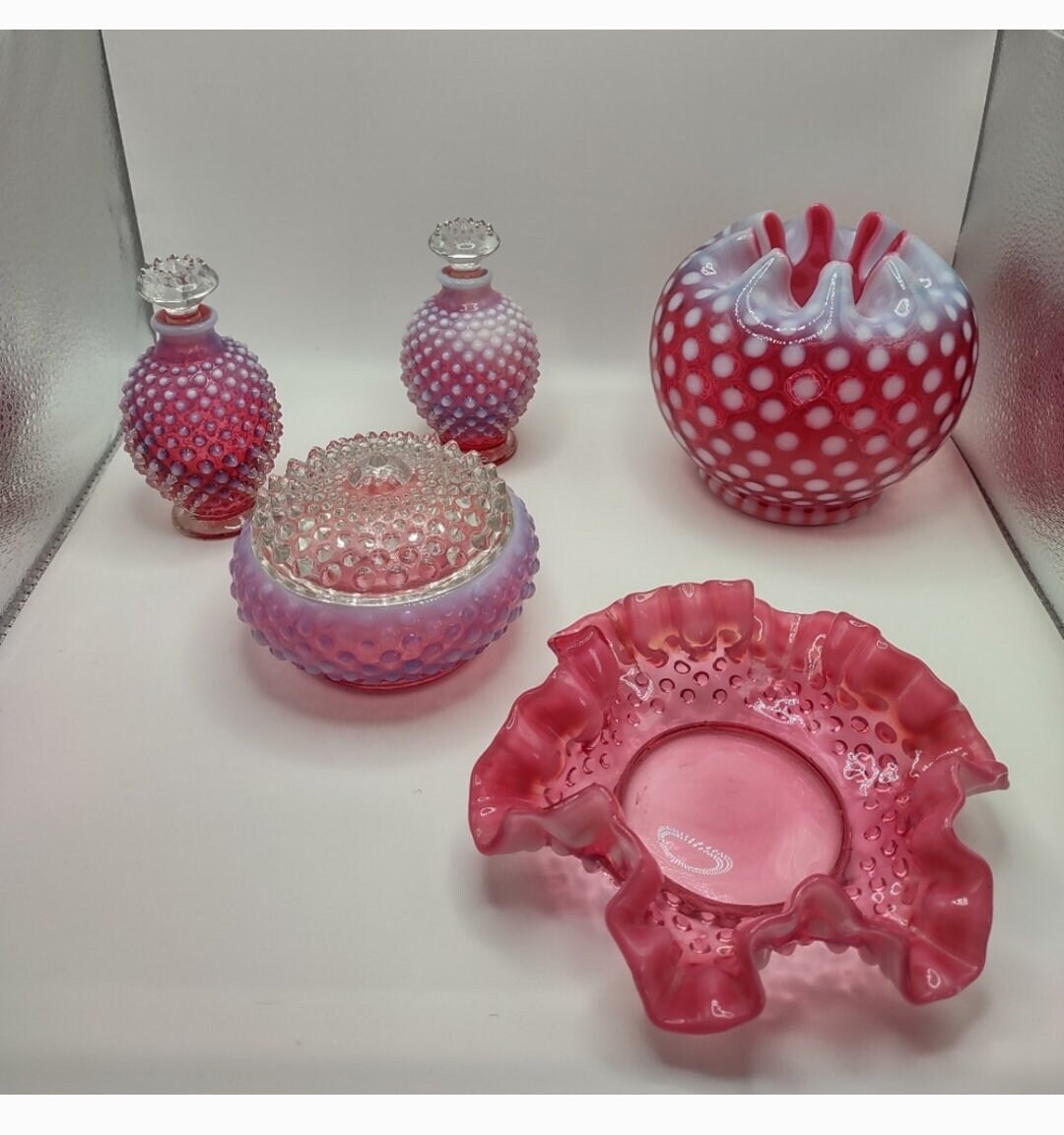 Fenton Cranberry Opalescent Hobnail Dresser Powder Jar, 2 Perfume ...