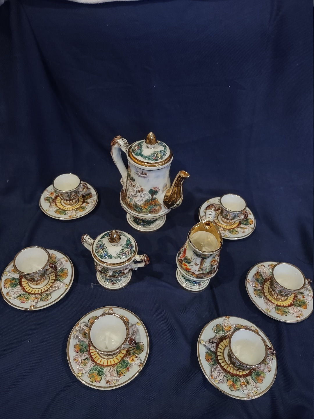Rare Antique R.capodimonte Italy Gold/tan Relief Cherubs/camel Tea Set ...