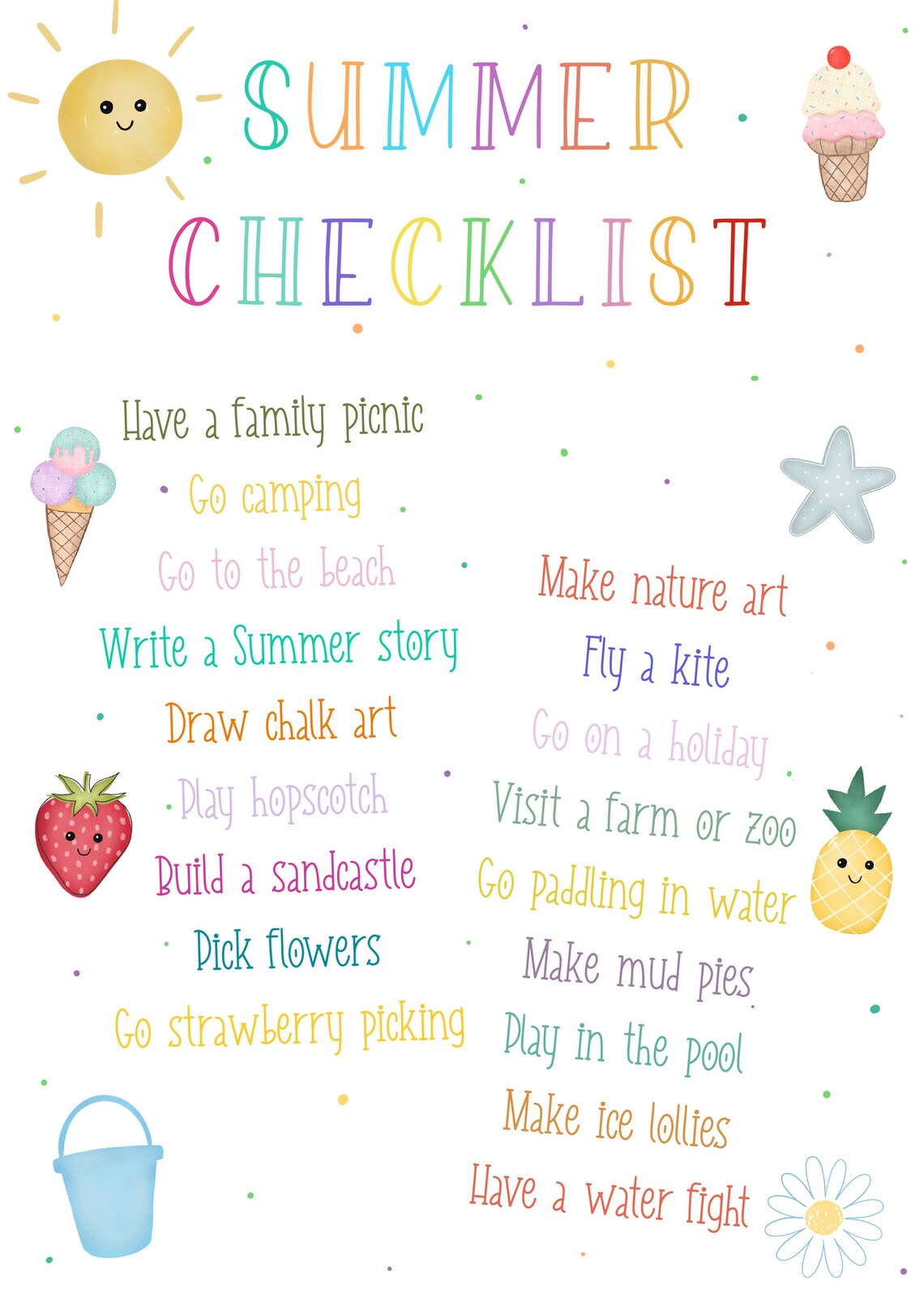 DIGITAL DOWNLOAD Summer Checklist Bucket List Child's Summer Tick List ...