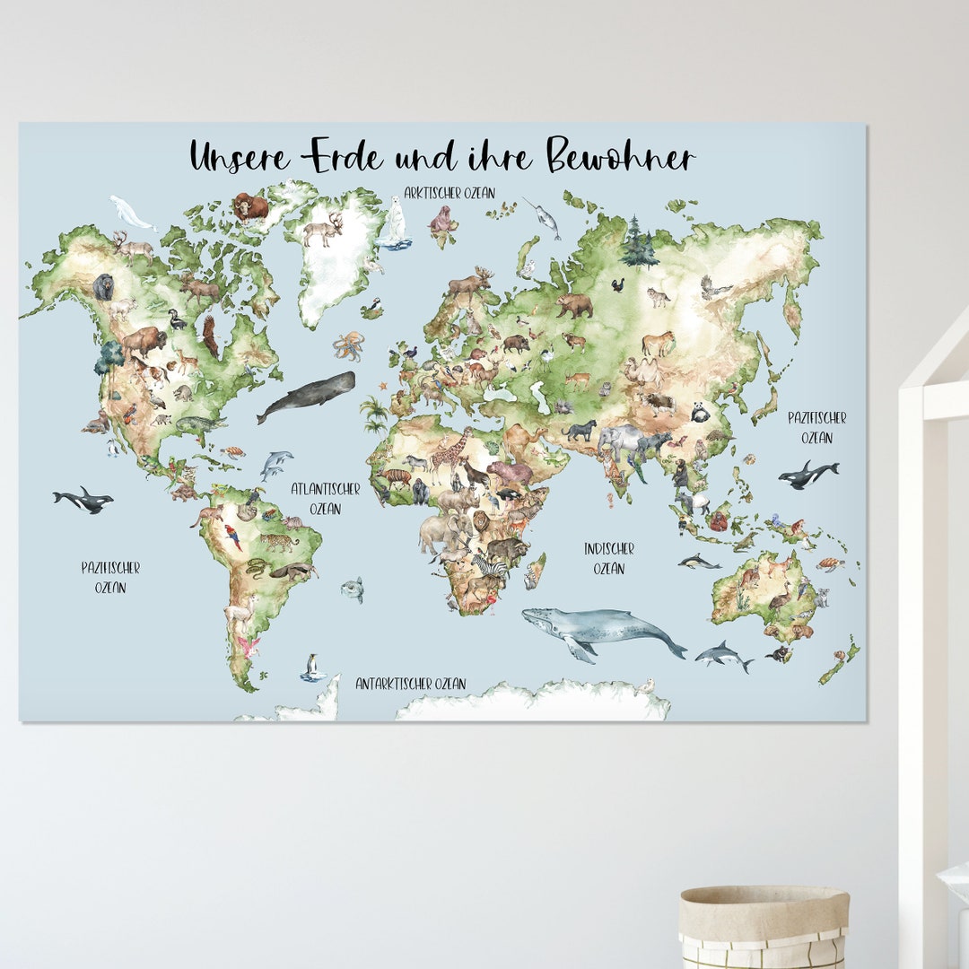 Children's Poster World Map of Animals in 119 X 84 Cm din A0 With 160 ...