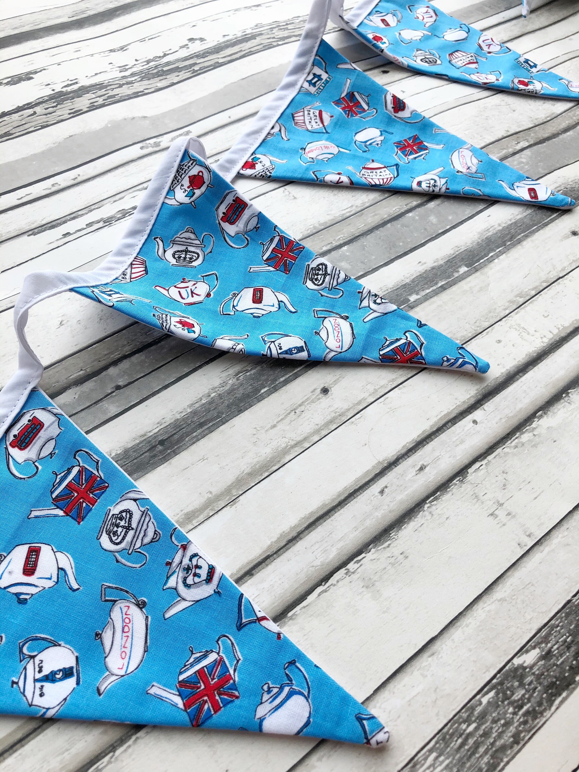 British Teapot Bunting, Blue and Red Cotton Fabric Banner Decoration ...