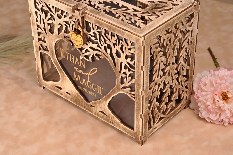 Rustic Wedding Card Box With Slot and Lock, Wooden Wedding Card Box ...