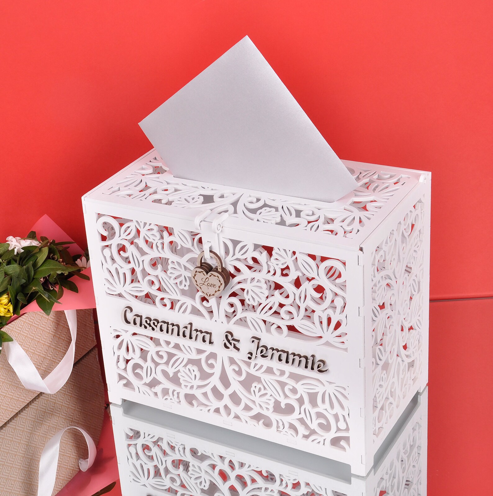 White Wedding Card Box With Lock, Decorative Floral Design - Etsy