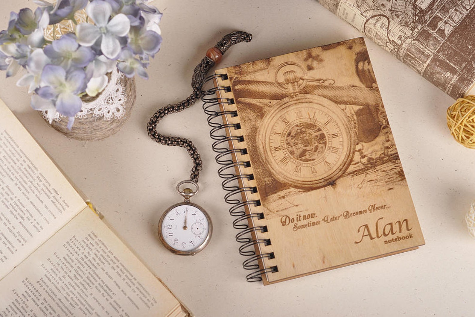 Personalized Wooden Journal With Clock, Custom Engraved Notebook - Etsy