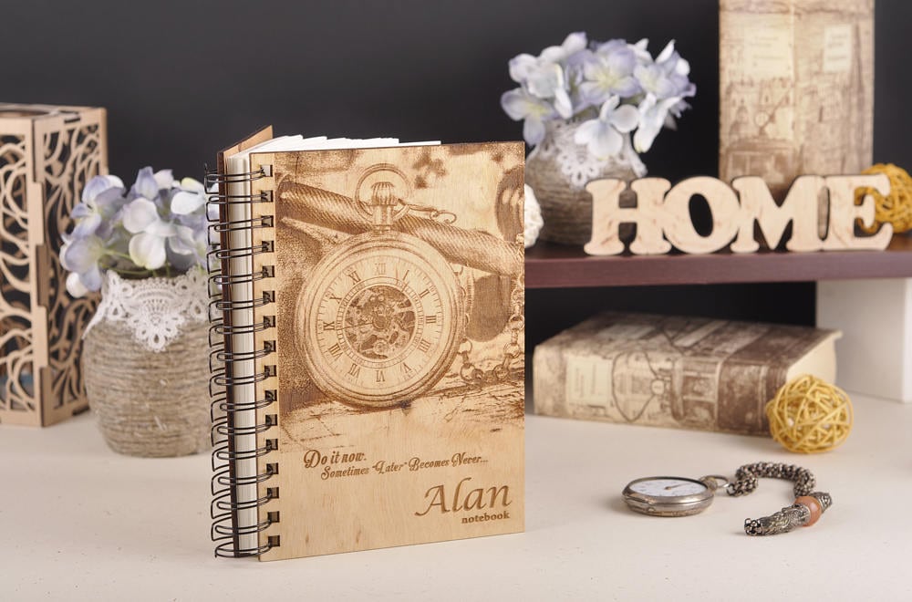Wooden Notebook Wooden Journal Personalized Wooden Notebook Сlock ...