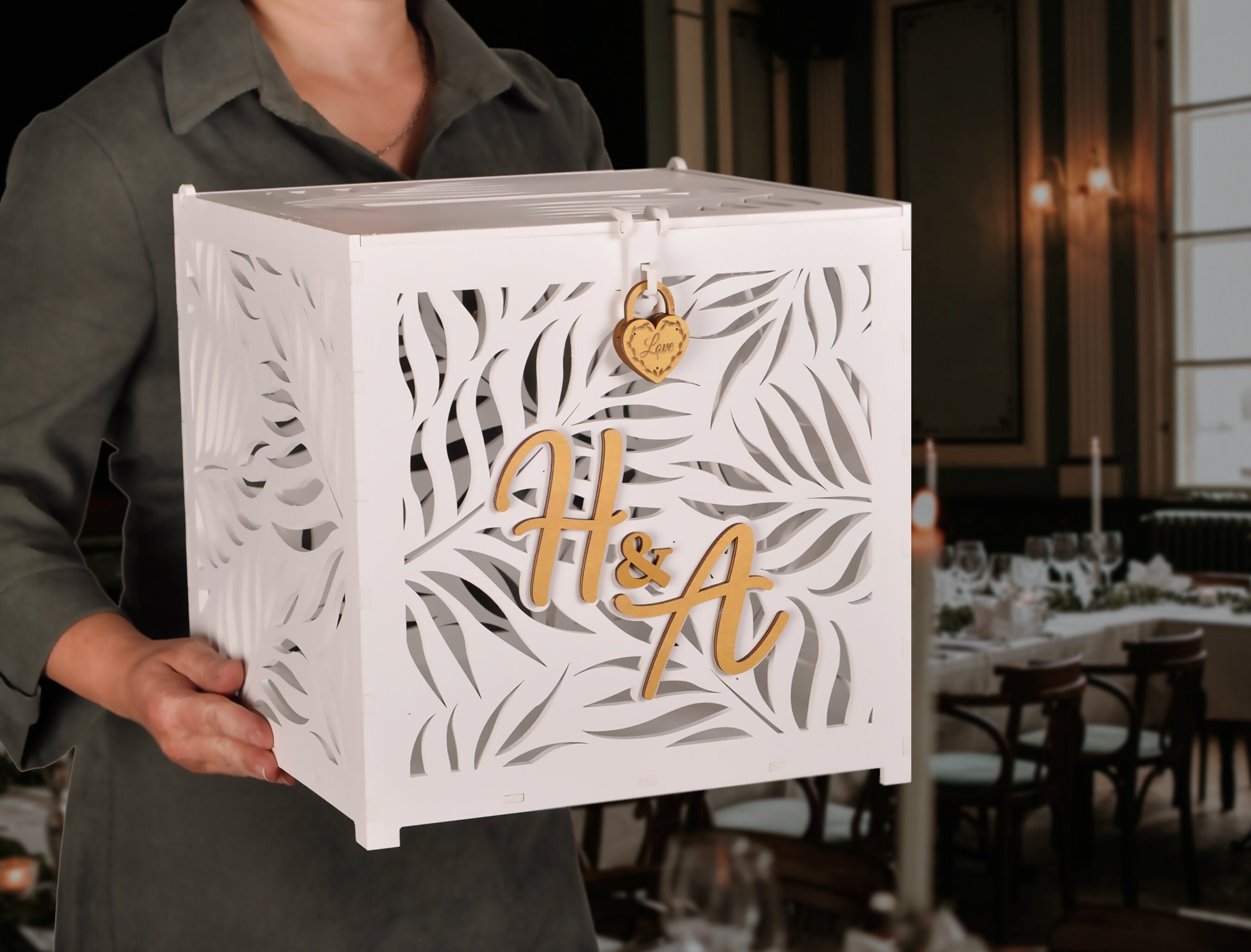 Wedding Card Box With Slot, Modern White Laser Cut Design, Personalized ...