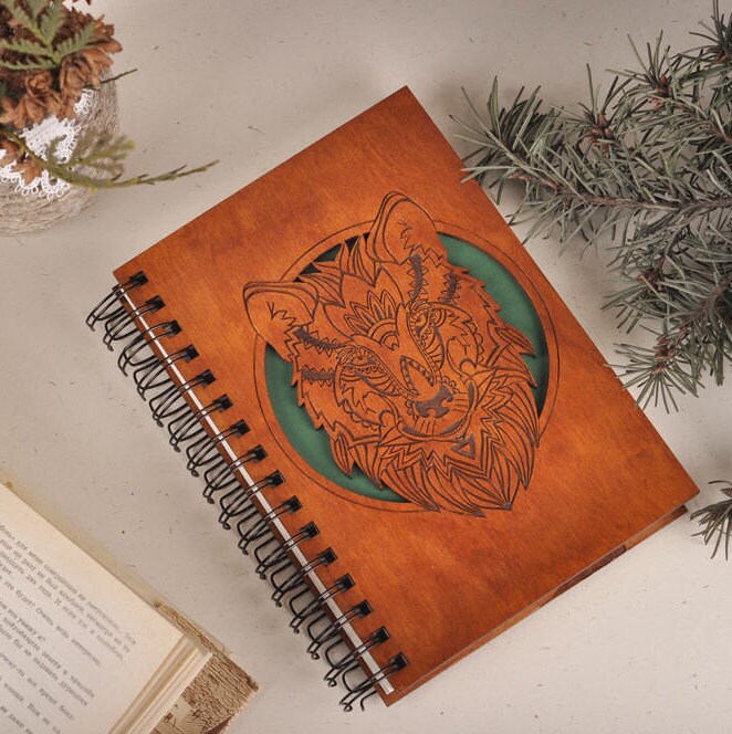Wooden Notebook Wolf on the Cover Wooden Journal Memory Book | Etsy