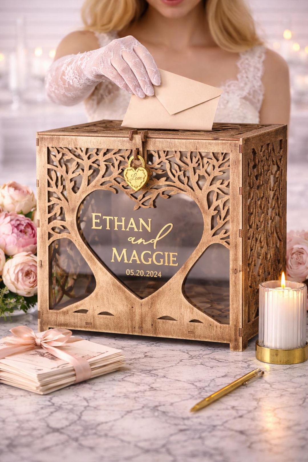 Rustic Wedding Card Box With Slot and Lock, Wooden Wedding Card Box ...