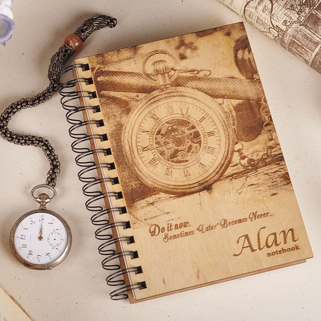 Personalized Wooden Journal With Clock, Custom Engraved Notebook - Etsy