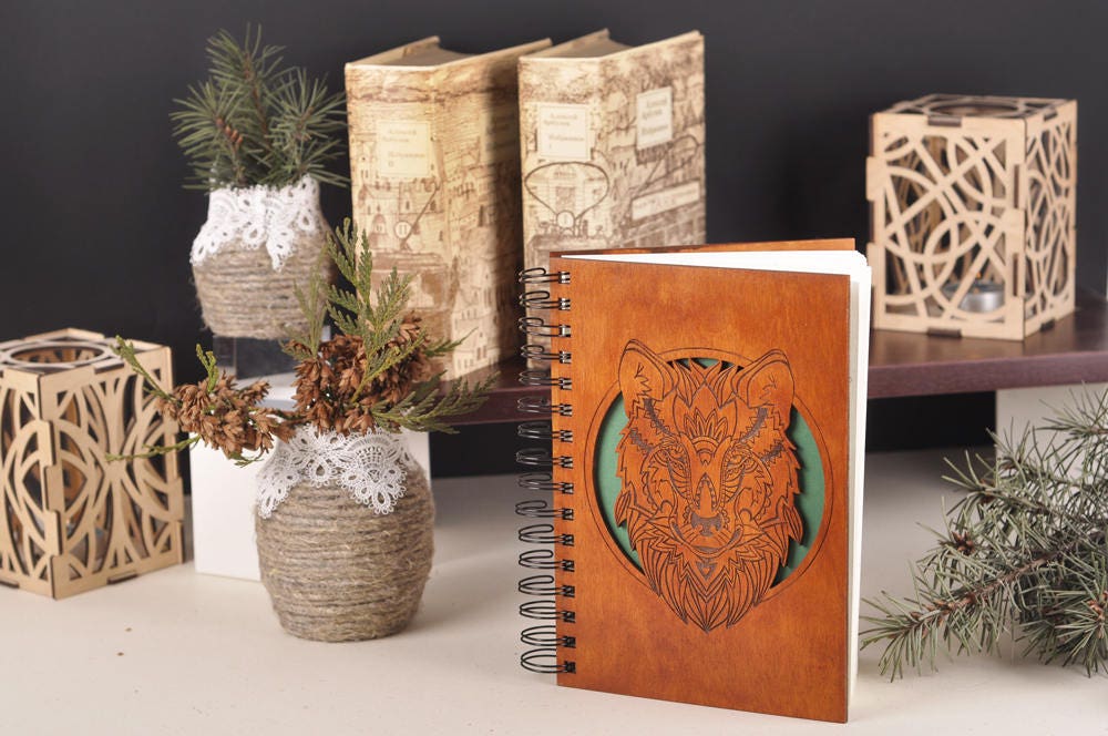 Wooden Notebook Wolf on the Cover Wooden Journal Memory Book | Etsy