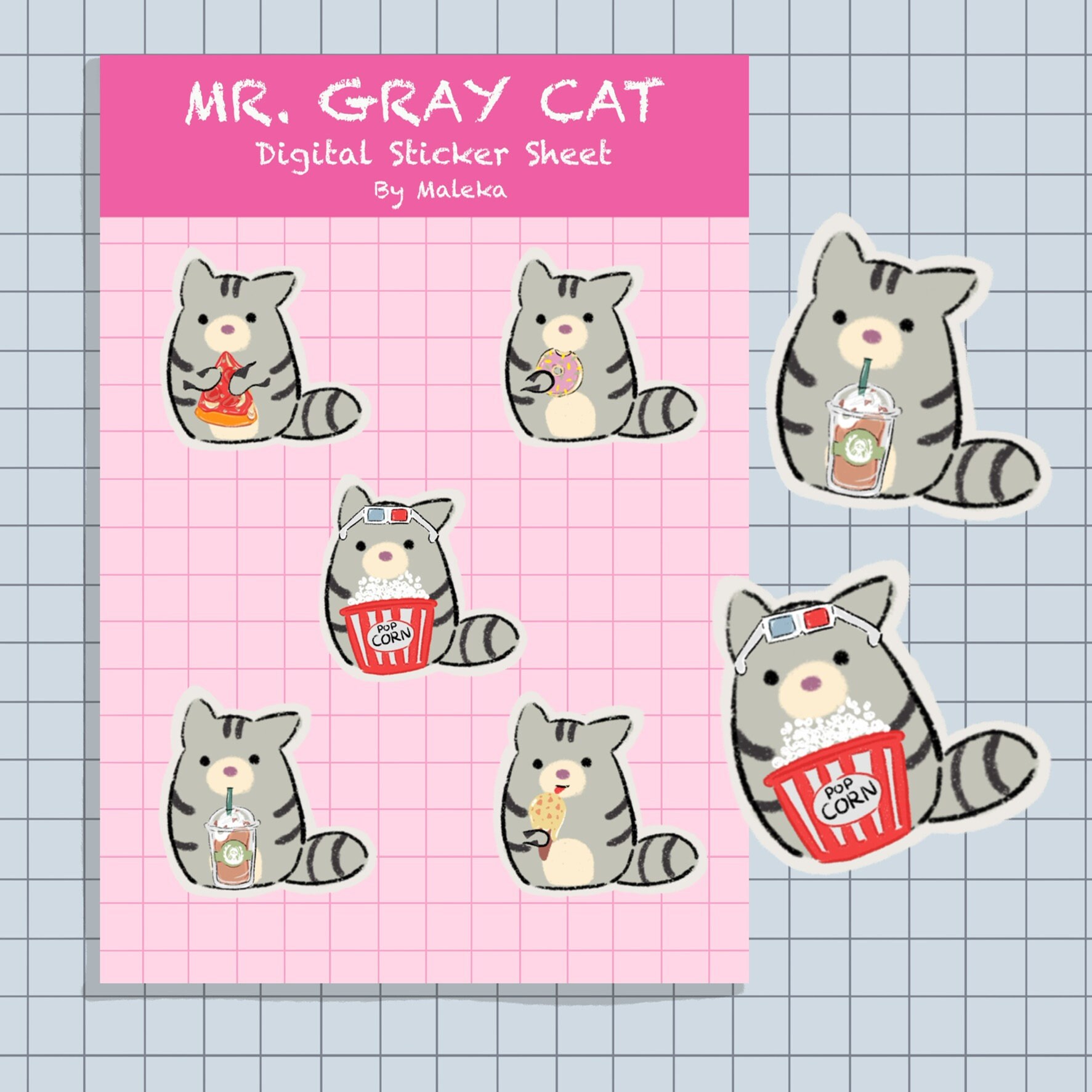 Cute Mr. Gray Cat Digital Stickers / Instant Download/ Digital Clipart ...