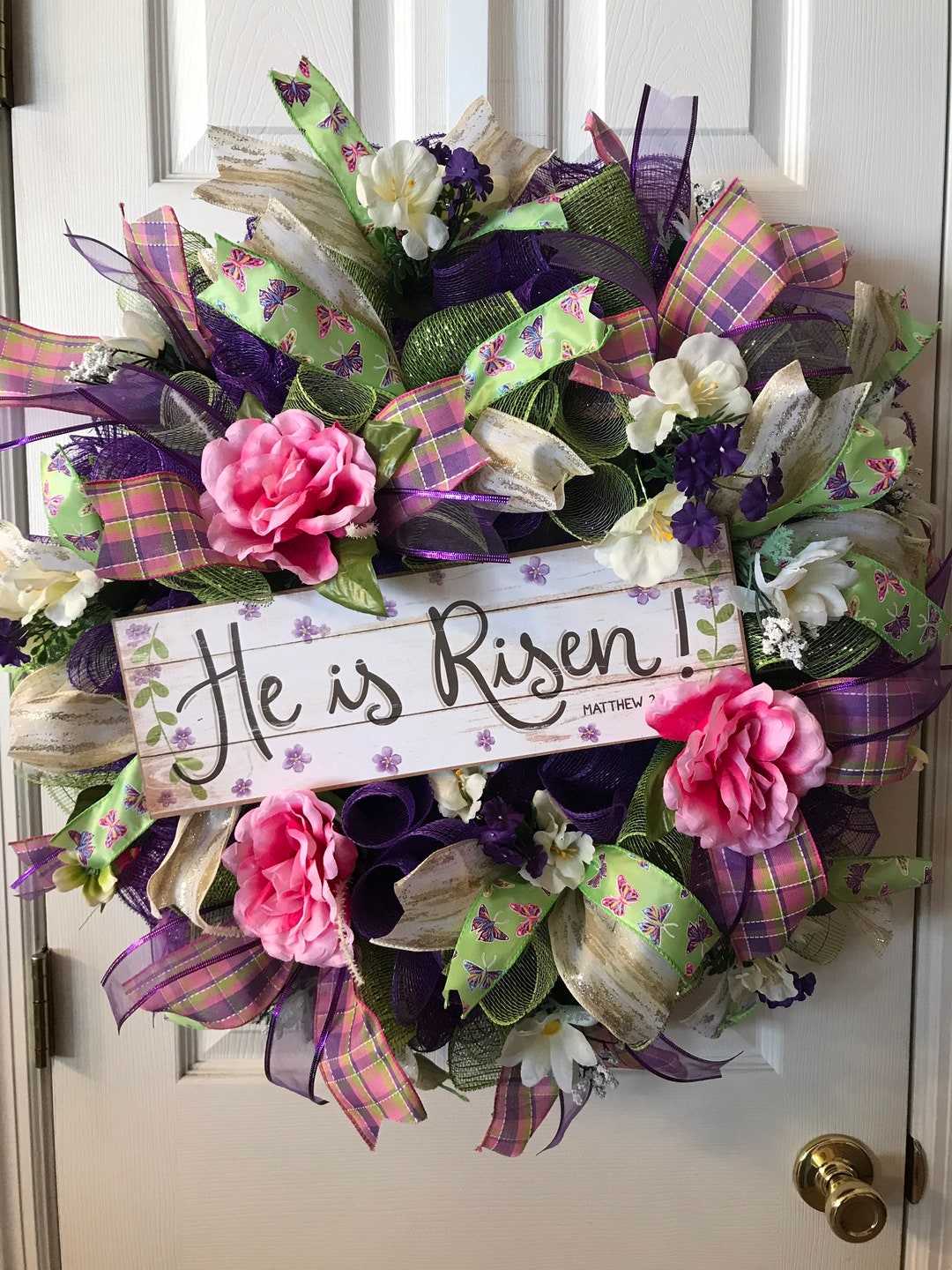 He is Risen Easter Wreath: Purple Deco Mesh, Spring Florals - Etsy