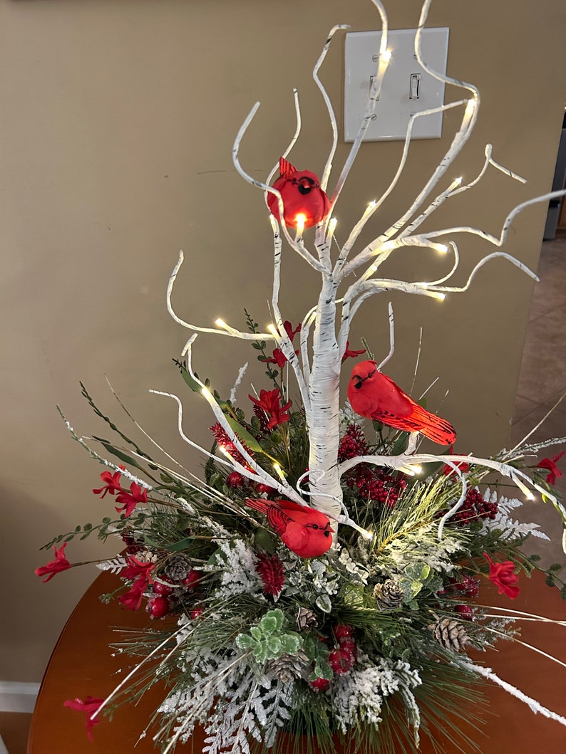 Lighted Cardinal Birch Tree Centerpiece: Christmas Table Decor - Etsy