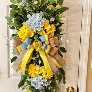 Yellow and Blue Floral Everyday Double Door Swags, Hydrangea Swag, Door ...