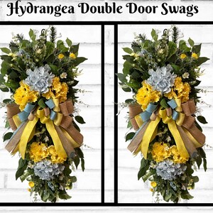Yellow and Blue Floral Everyday Double Door Swags, Hydrangea Swag, Door ...