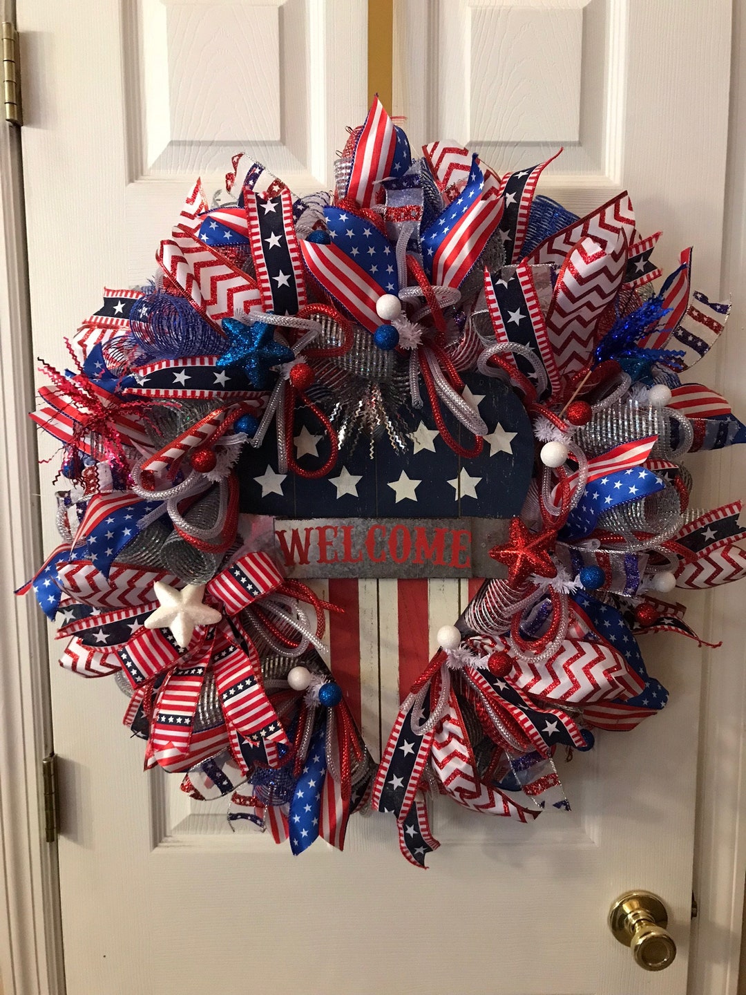 Patriotic Welcome Wreath: Red White Blue Deco Mesh, Americana Decor - Etsy