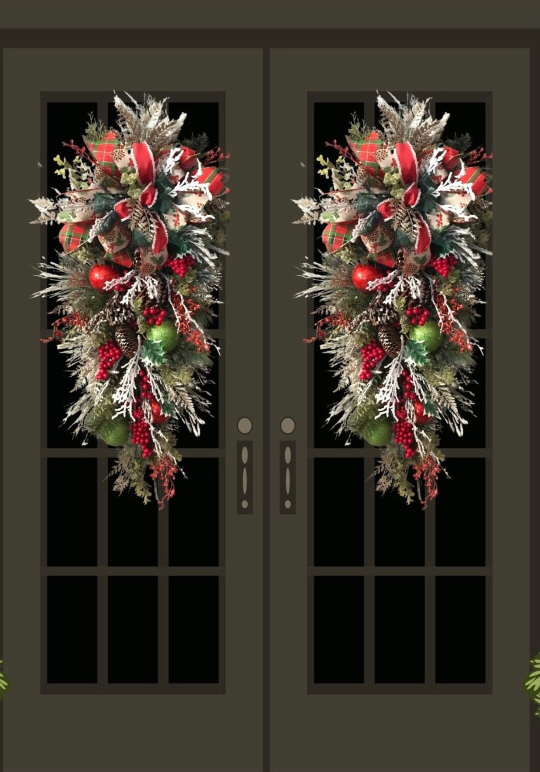 Rustic Christmas Double Door Swag: Evergreen Teardrop With Pinecones ...