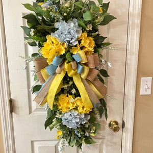 Yellow and Blue Floral Everyday Double Door Swags, Hydrangea Swag, Door ...
