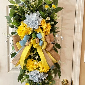 Yellow and Blue Floral Everyday Double Door Swags, Hydrangea Swag, Door ...