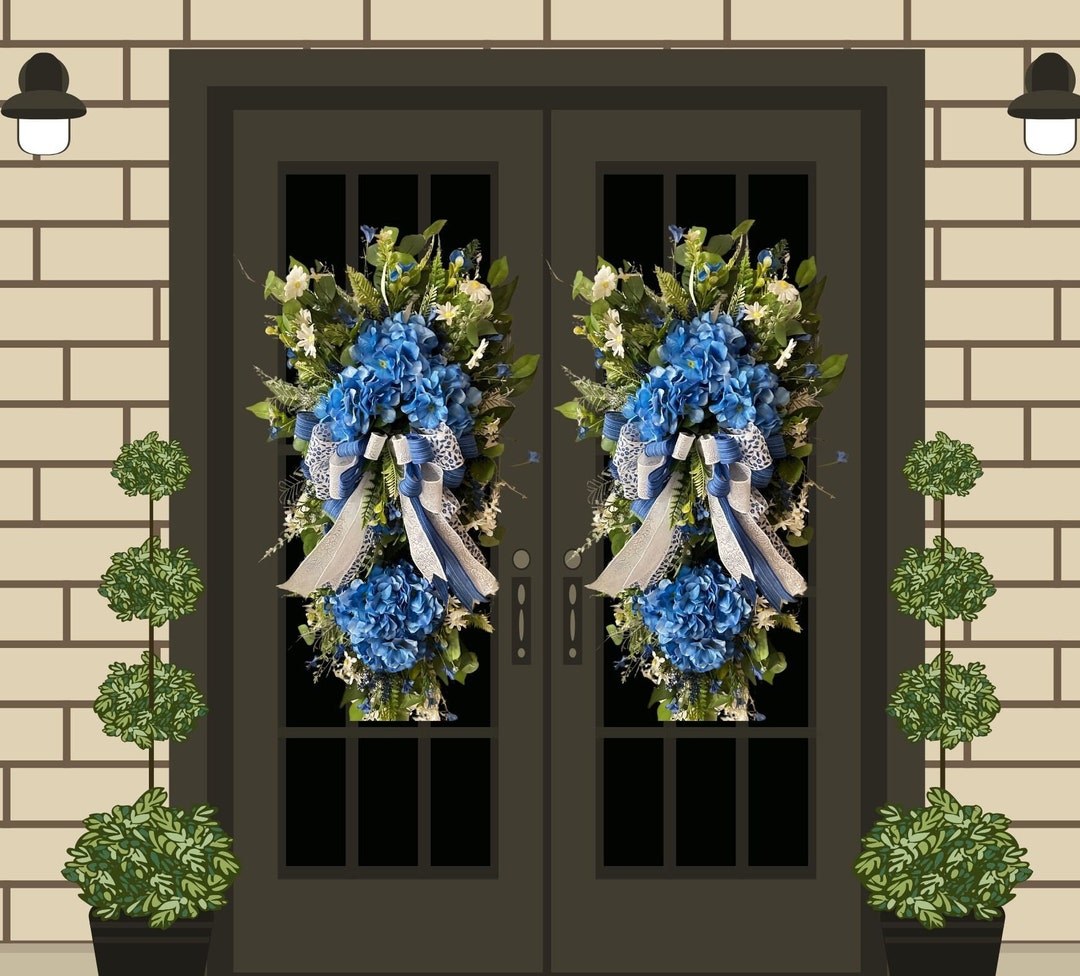 Blue Hydrangea Teardrop Swag: Double Door Spring Door Hanger - Etsy