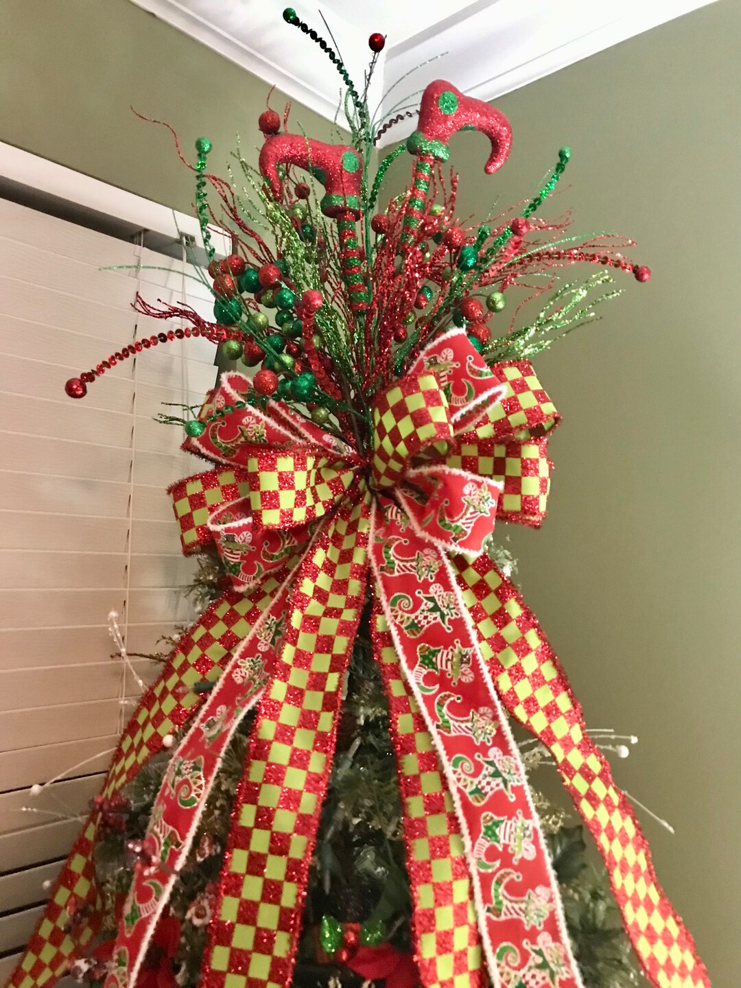 Elf Leg Christmas Tree Topper: Glittered Holiday Decor, Ready to Ship ...