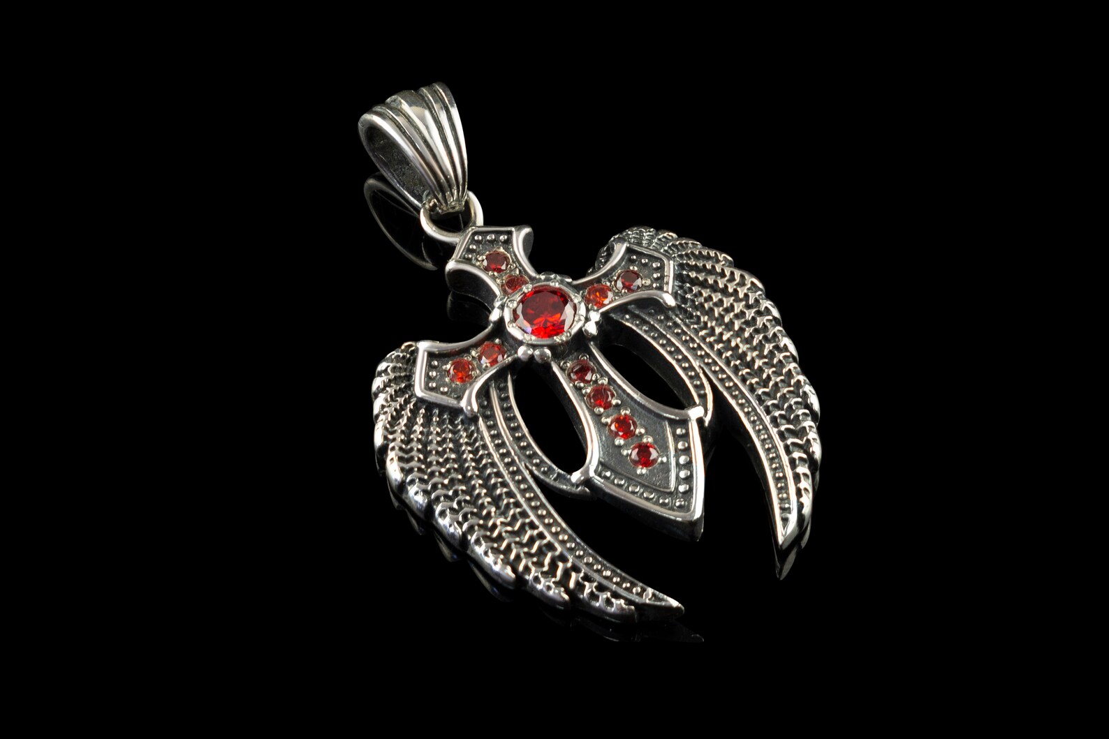 Gothic Angel Cross Pendant With Wings and Gemstones, Heavy Silver Biker ...