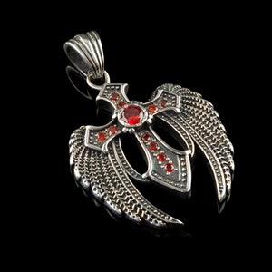 Gothic Angel Cross Pendant With Wings and Gemstones, Heavy Silver Biker ...