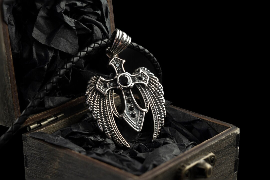 Gothic Angel Cross Pendant With Wings and Gemstones, Heavy Silver Biker ...