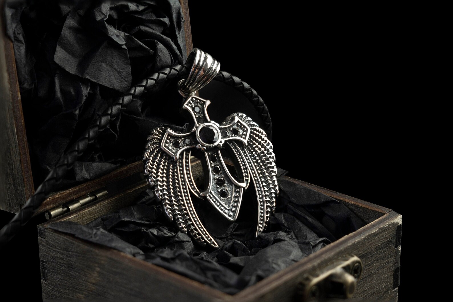 Gothic Angel Cross Pendant With Wings and Gemstones, Heavy Silver Biker ...