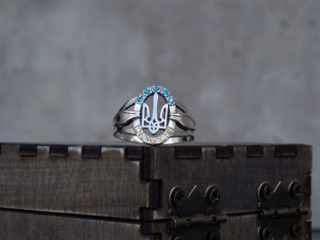Ukrainian Tryzub Trident Ring in Silver With Blue and Yellow Symbol - Etsy