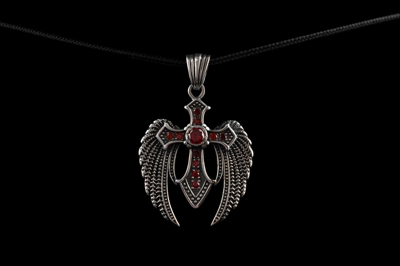 Gothic Angel Cross Pendant With Wings and Gemstones, Heavy Silver Biker ...