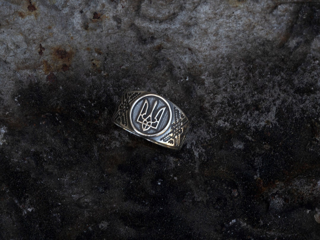 Ukrainian Oxidized Silver Tryzub Ring Ornament Trident Sword Patriotic ...