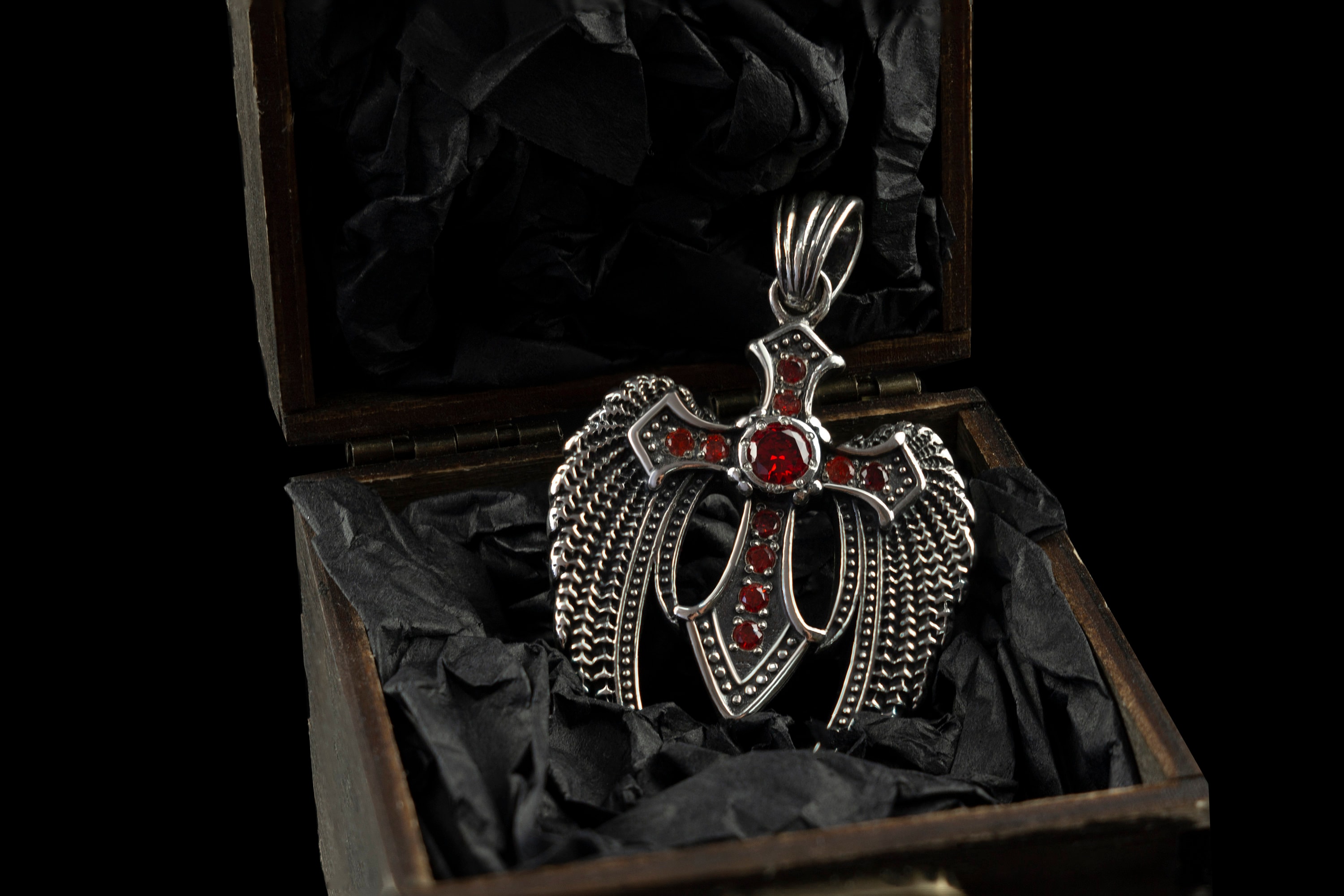 Gothic Angel Cross Pendant With Wings and Gemstones, Heavy Silver Biker ...