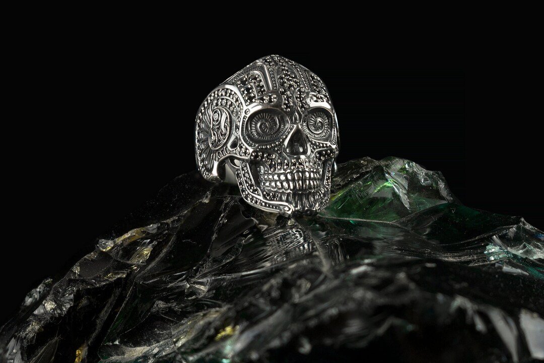 Silver Skull Ring Biker Ring Mexican Skull Ring Biomechanical - Etsy