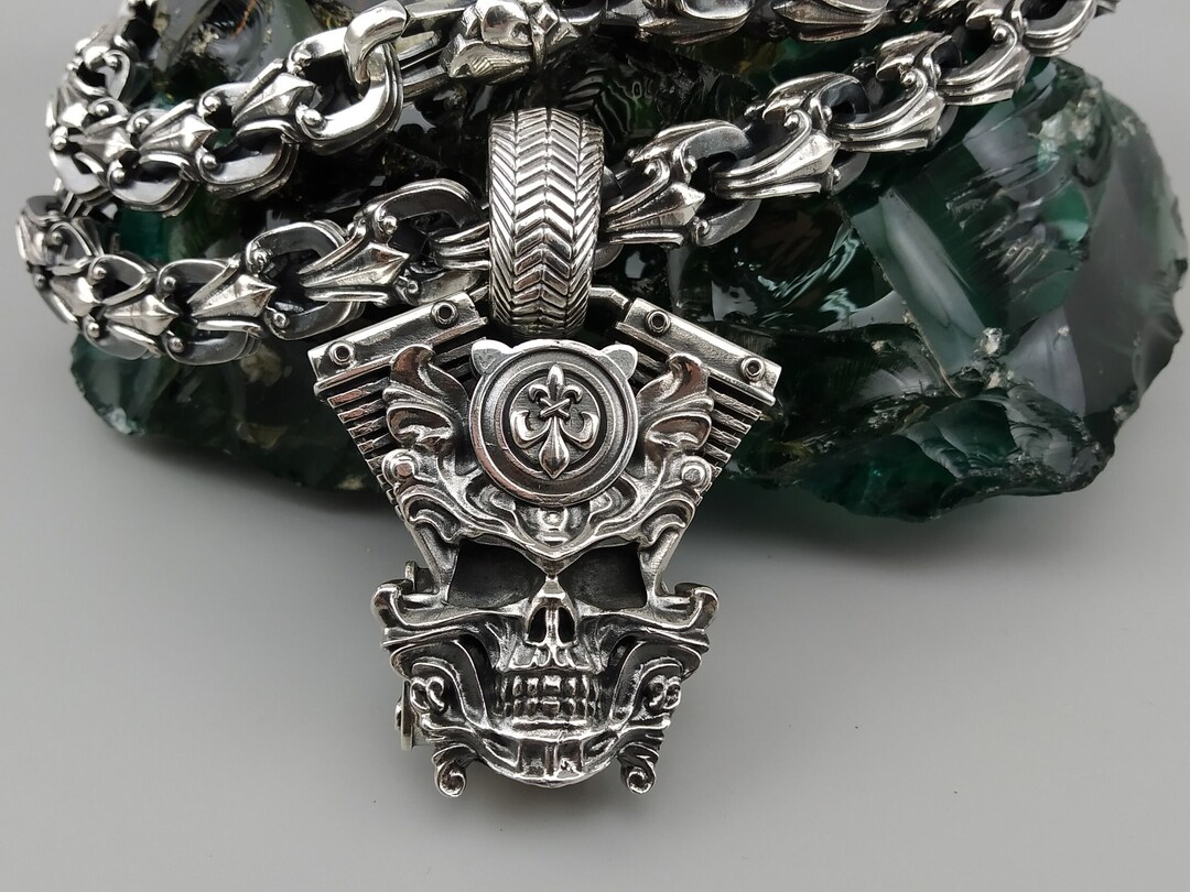 Large Silver Skull Pendant With V-twin Engine - Unique Biker Jewelry ...