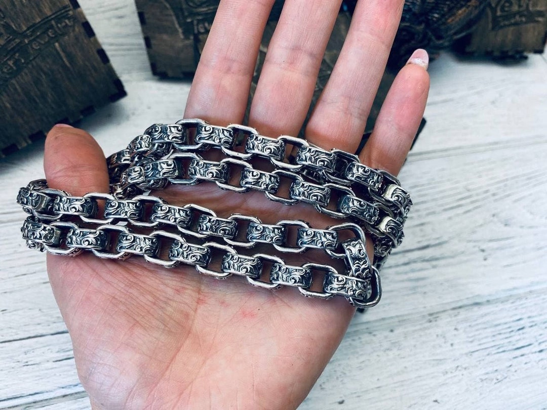 Men's Bulky Sterling Silver Oxidized Chain Necklace Floral Biker ...