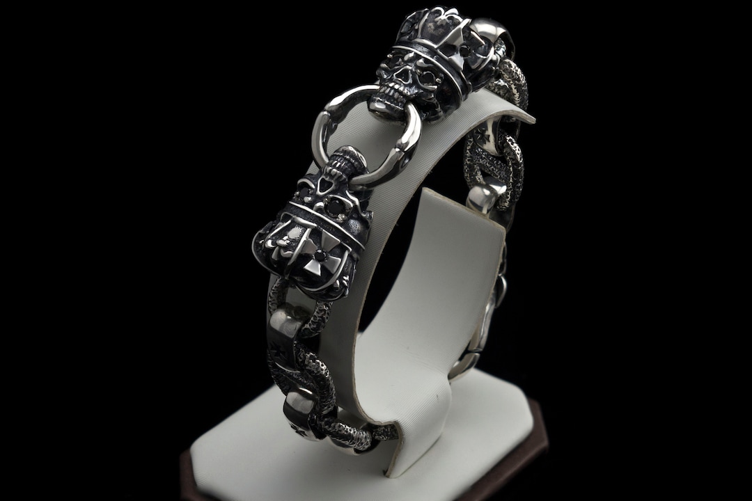 Gothic 925 Silver Emperor Skull Crown Bracelet for Men - Punk Biker ...