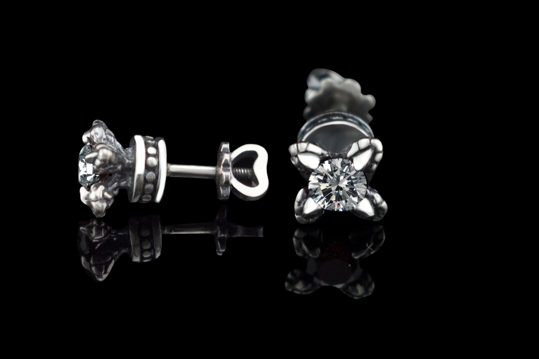 Gothic Gem-encrusted Silver Stud Earrings: Edgy Biker Style Jewelry for ...