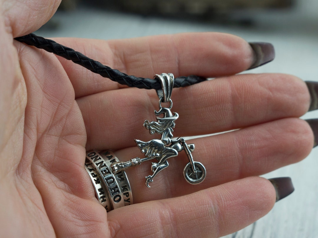 Biker Witch Pendant Gift for the Biker Lady Silver Witch on Motorcycle ...