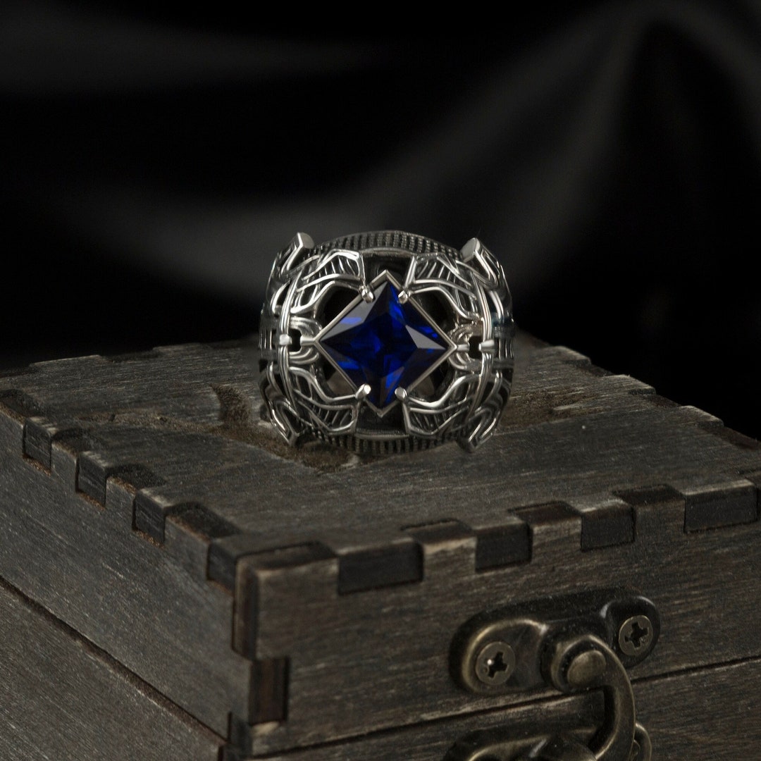 Heavy Silver Ring, Silver Gothic Ring, Blue Gemstone, Gothic Men's Ring ...