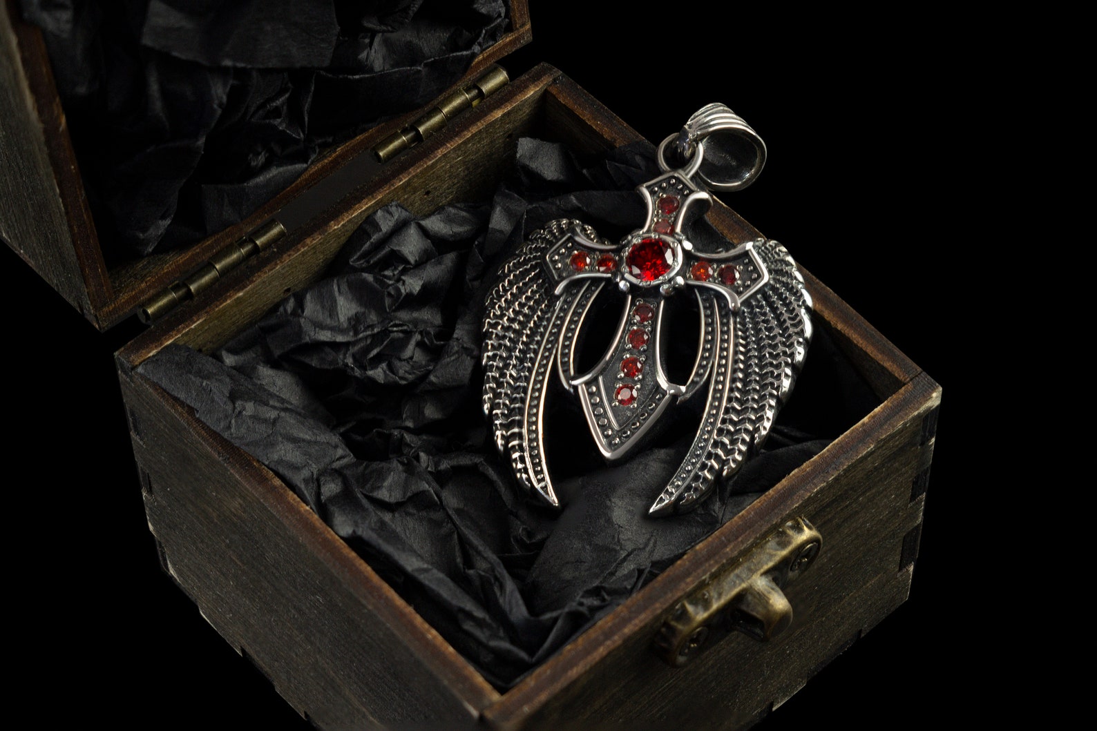 Gothic Angel Cross Pendant With Wings and Gemstones, Heavy Silver Biker ...