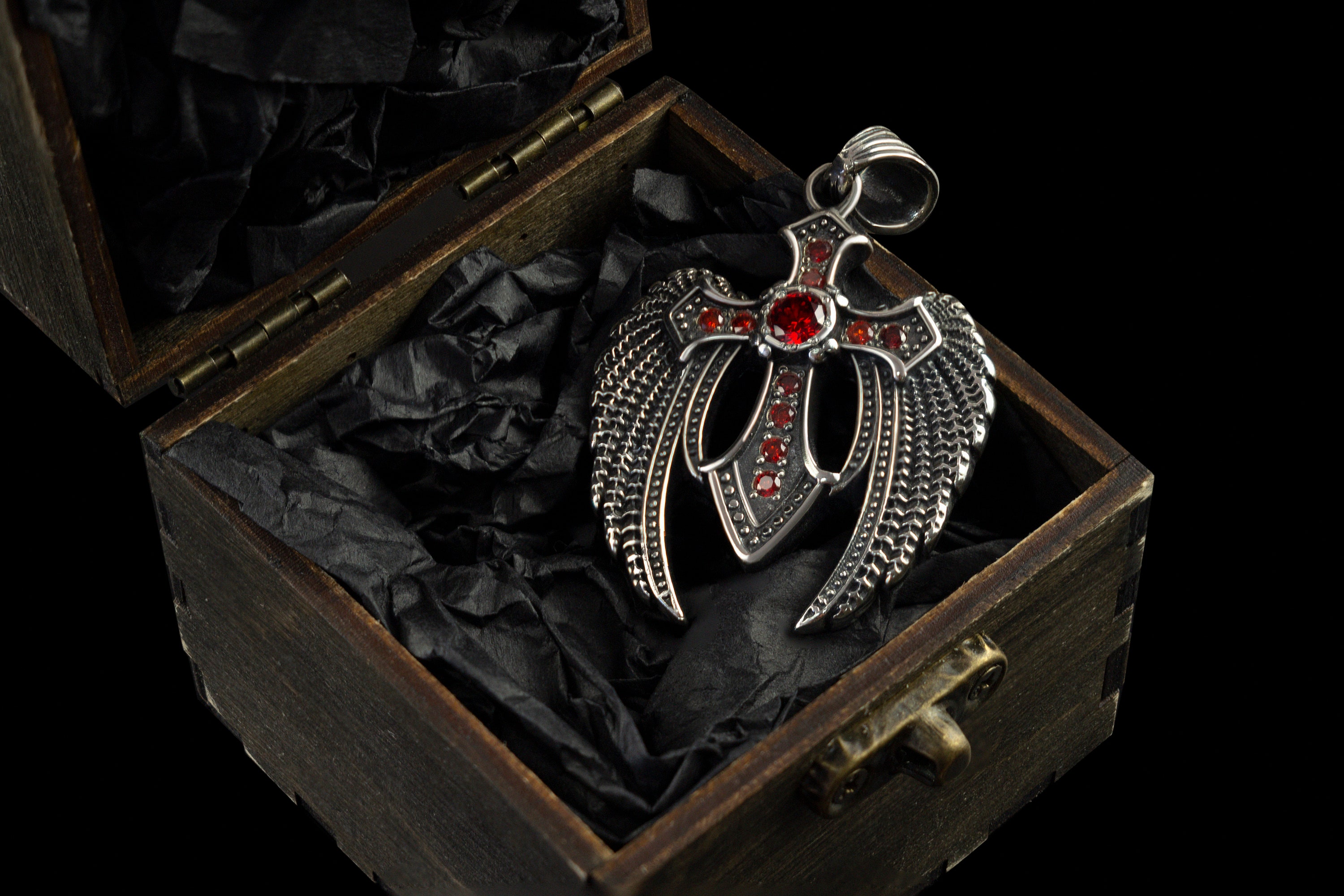 Gothic Angel Cross Pendant With Wings and Gemstones, Heavy Silver Biker ...