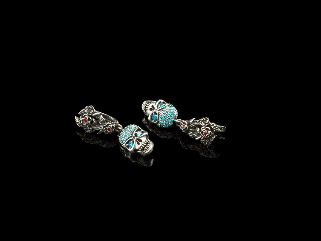 Blue Gem Santa Muerte Silver Skull Earrings Gothic Jewelry for Women - Etsy